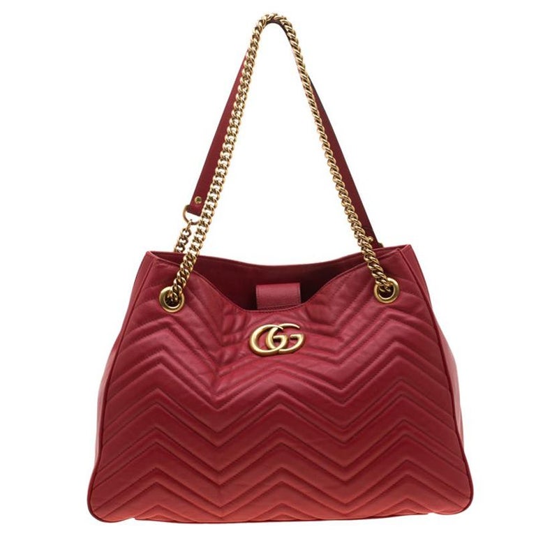 Gucci Red Matelassé Leather Medium GG Marmont Tote For Sale at 1stDibs