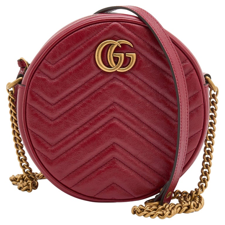 Gucci Red Matelassé Leather Mini GG Marmont Round Shoulder Bag For Sale ...