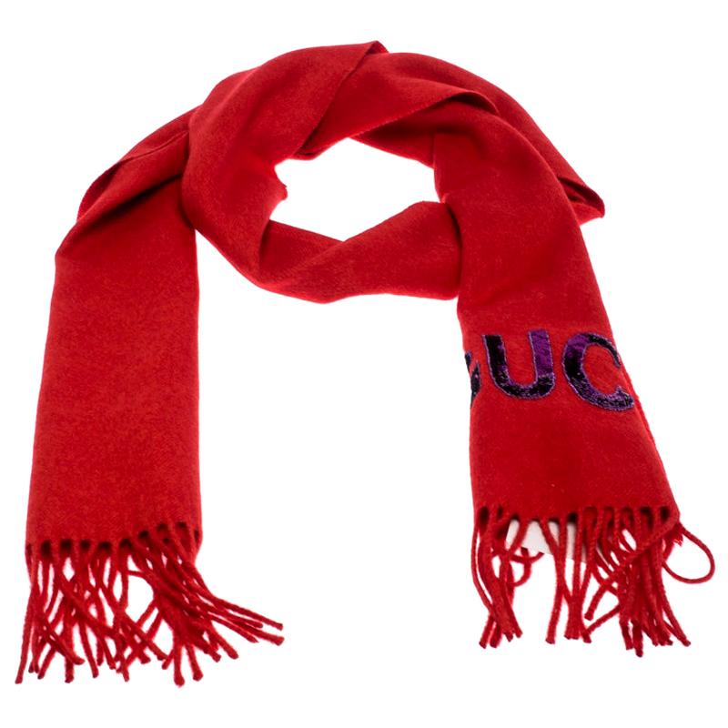 Gucci Red Sequin Applique Detail Silk And Cashmere Scarf For Sale at ...