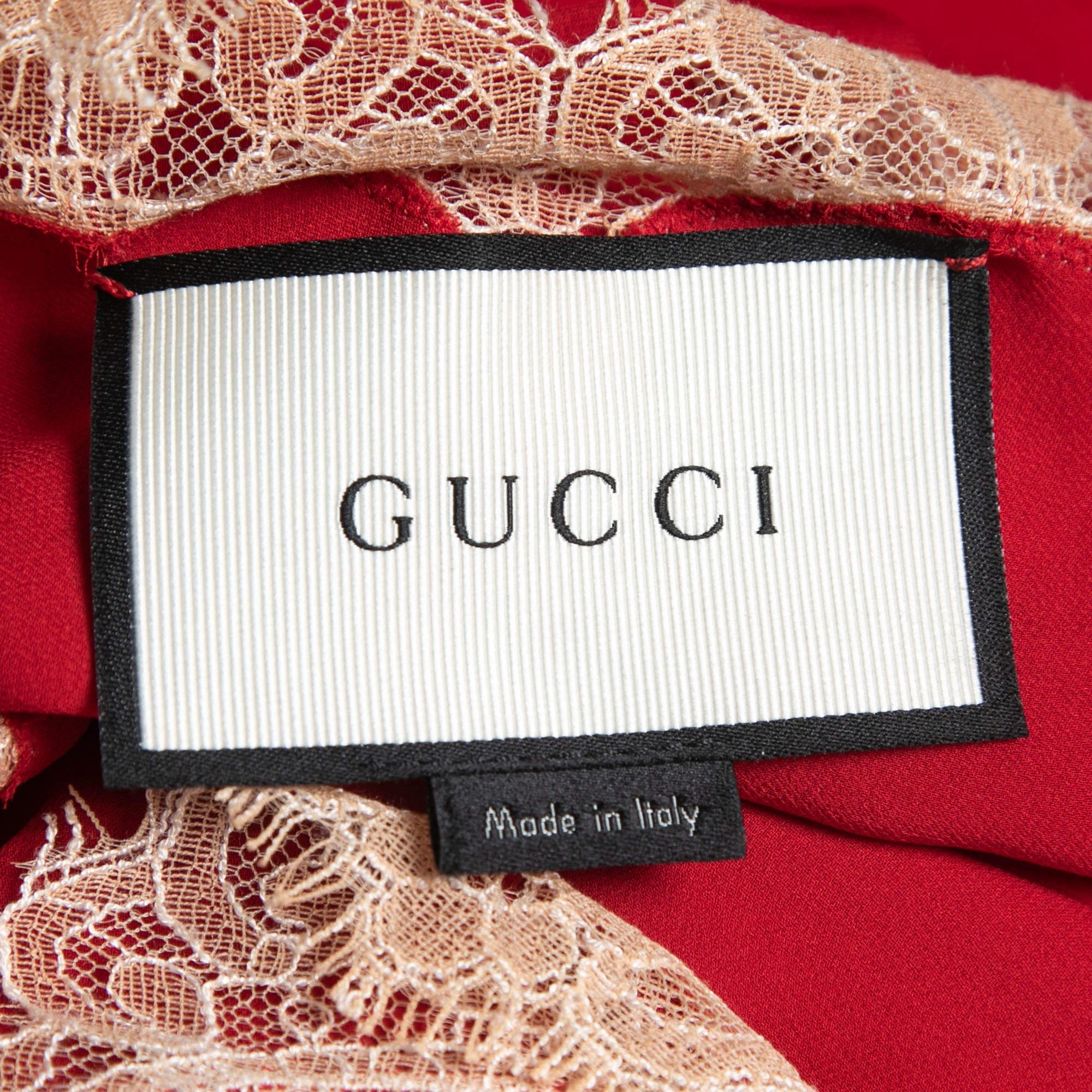 Gucci Red Silk Satin Lace Trimmed Bee Applique Detail Strappy Midi ...