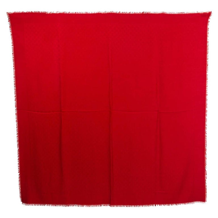 GUCCI red silk and wool GG MONOGRAM FRINGED Shawl Scarf at 1stDibs