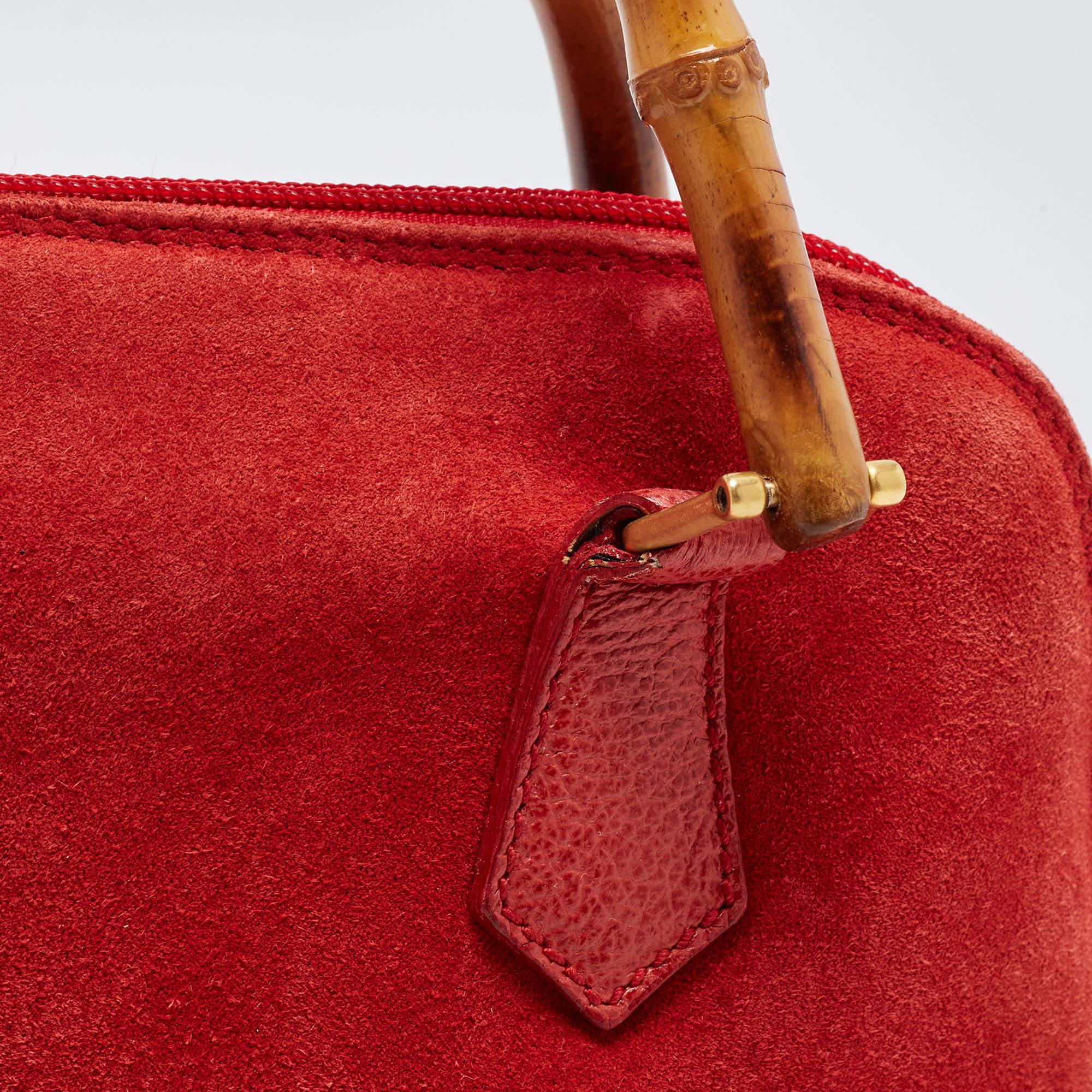 Gucci Red Suede and Leather Bamboo Handle Satchel For Sale at 1stDibs