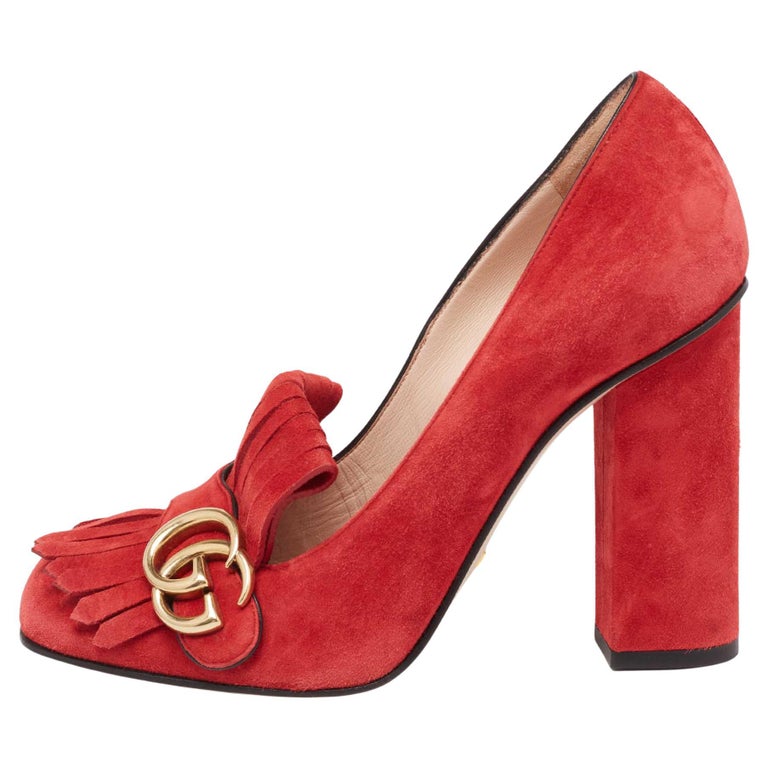 Gucci Red Suede GG Marmont Fringe Block Heel Pumps Size 39 at 1stDibs