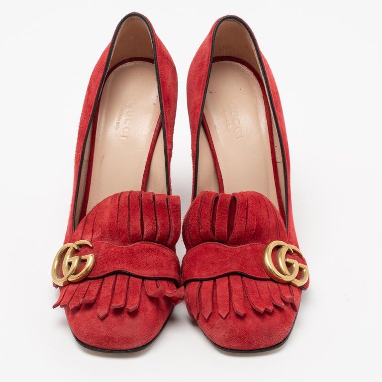 Gucci Red Suede GG Marmont Fringed Block Heel Pumps Size 38 at 1stDibs