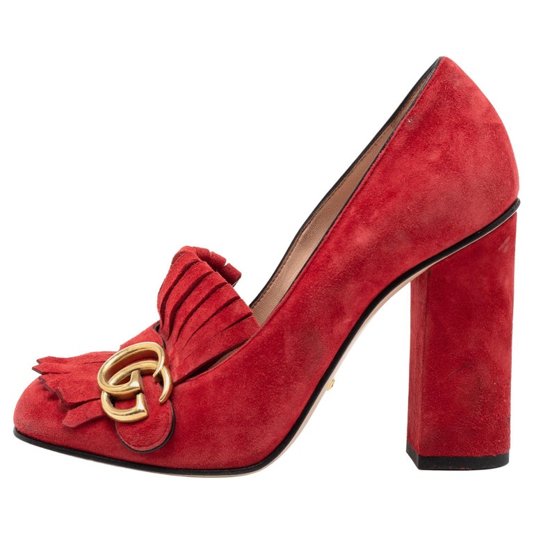Gucci Red Suede GG Marmont Fringed Block Heel Pumps Size 38 at 1stDibs