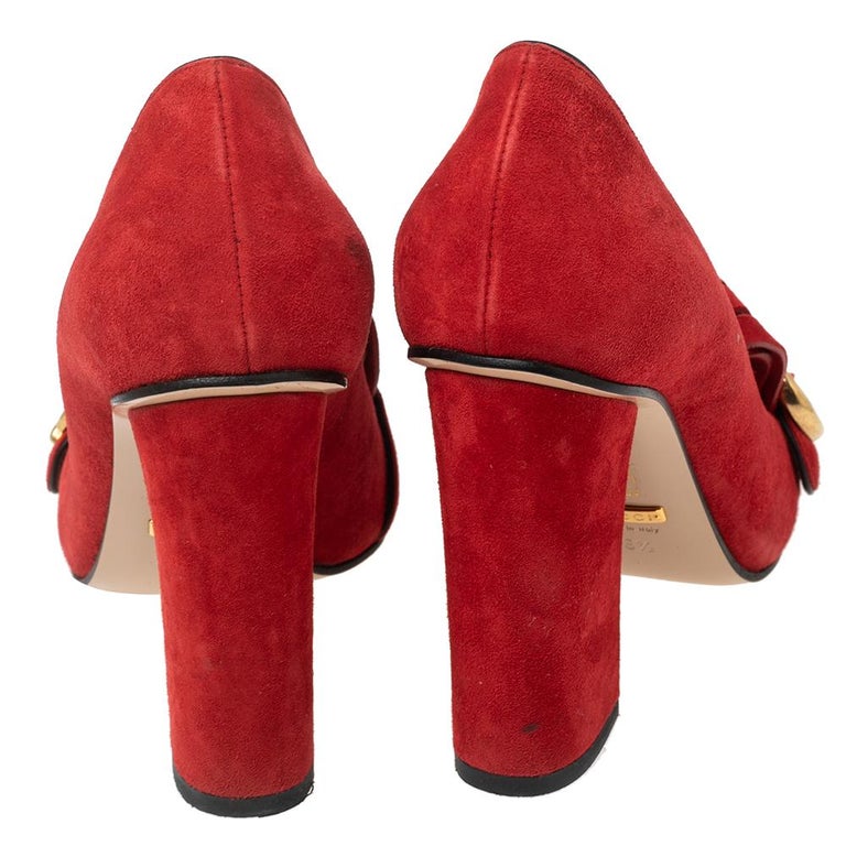 Gucci Red Suede Leather GG Marmont Fringe Detail Block Heel Pumps Size ...