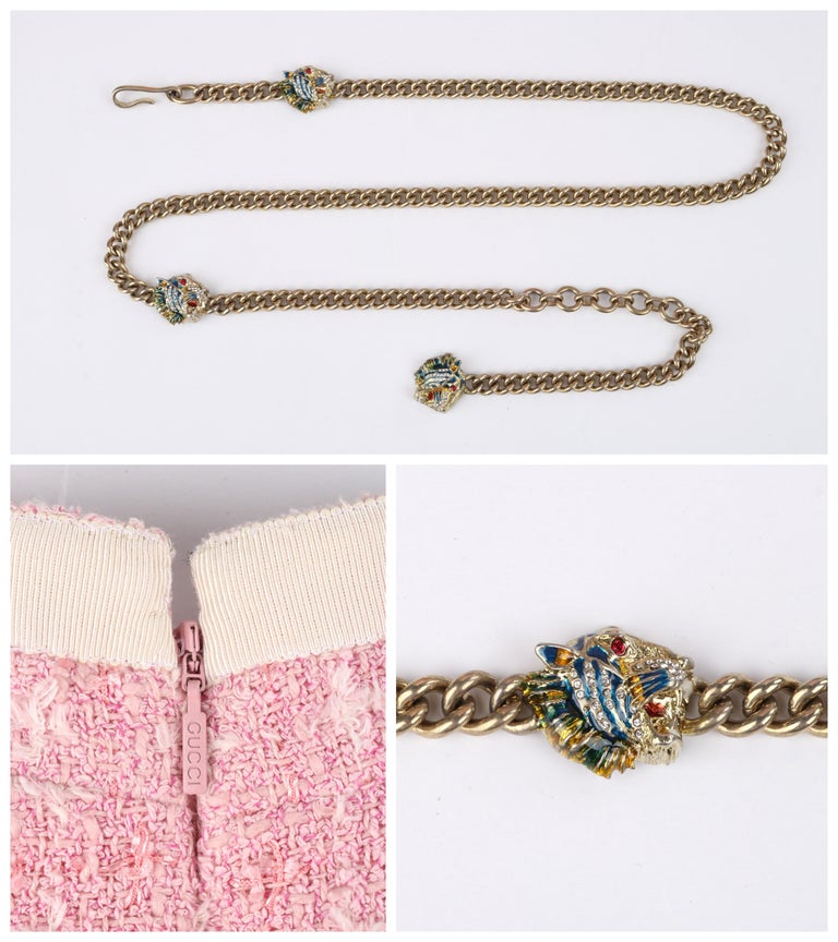 GUCCI S/S 2019 Pink White Gold Boucle Tweed Tiger Chain Belt Sleeveless ...