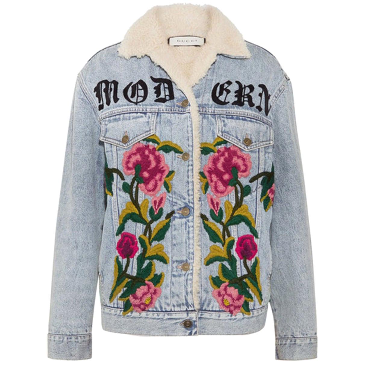 Gucci Shearling Lined Embroidered Denim and Jacquard Jacket at 1stDibs