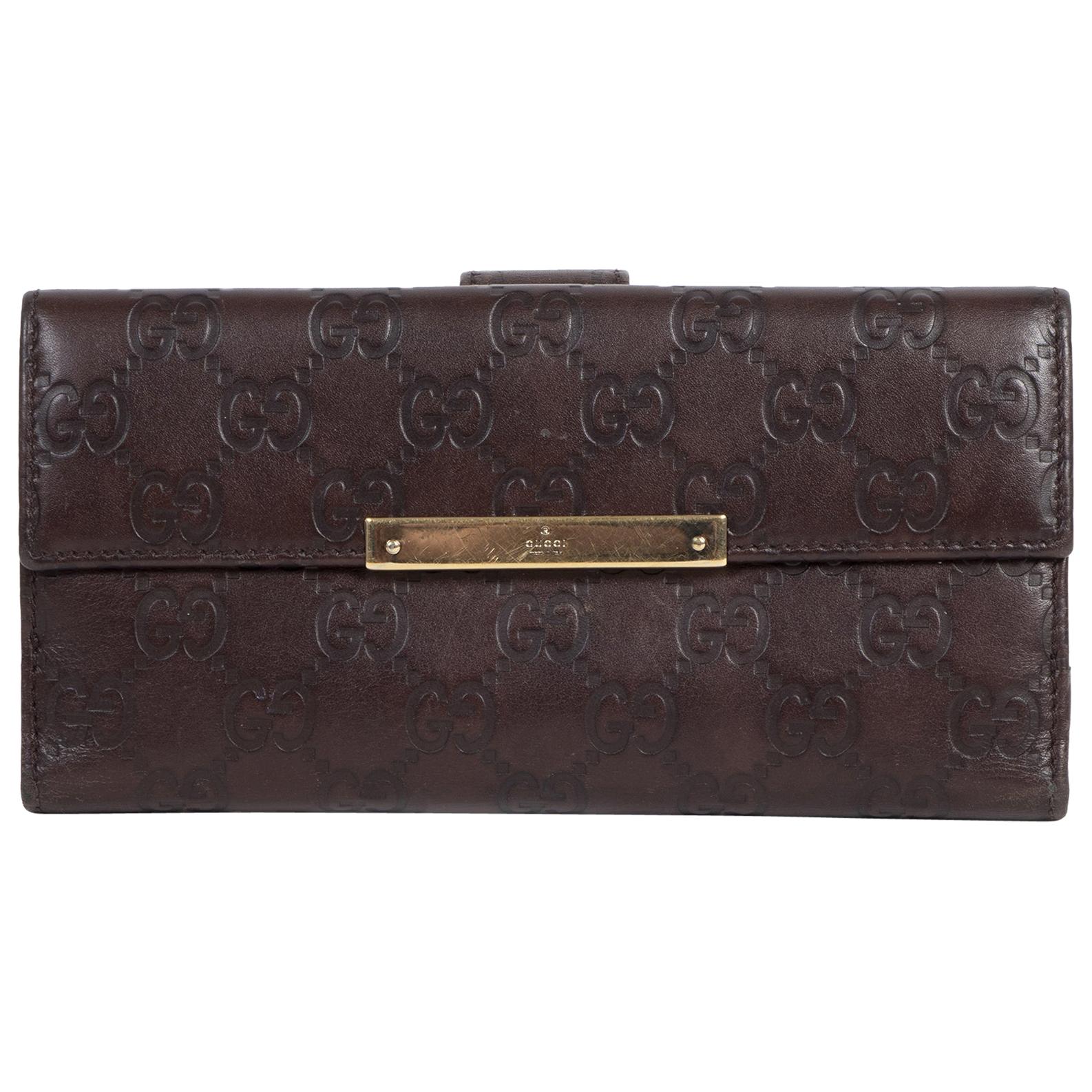 Gucci Shima GG Logo Brown Leather Long Wallet at 1stDibs | gucci ...