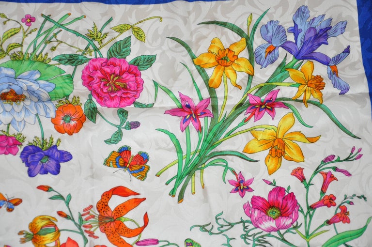 Gucci Signature Multi-Floral with Lapis Border Silk Crepe de Chine ...