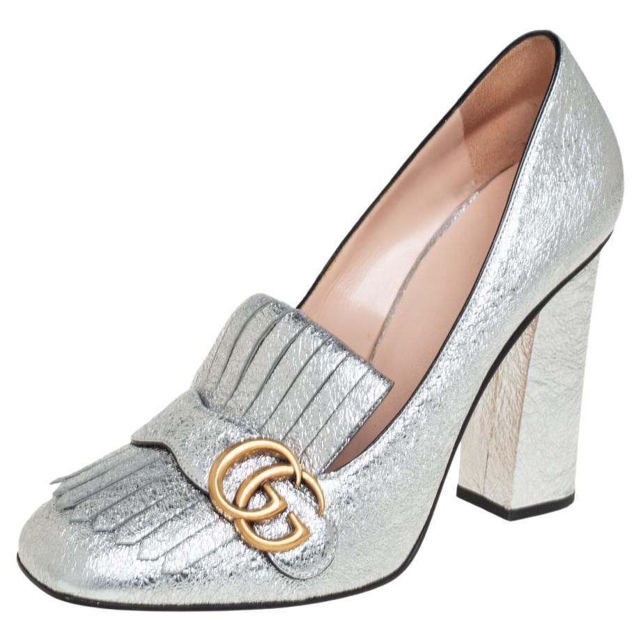 Gucci Metallic Silver Foil Leather GG Marmont Fringe Detail Block Heel ...