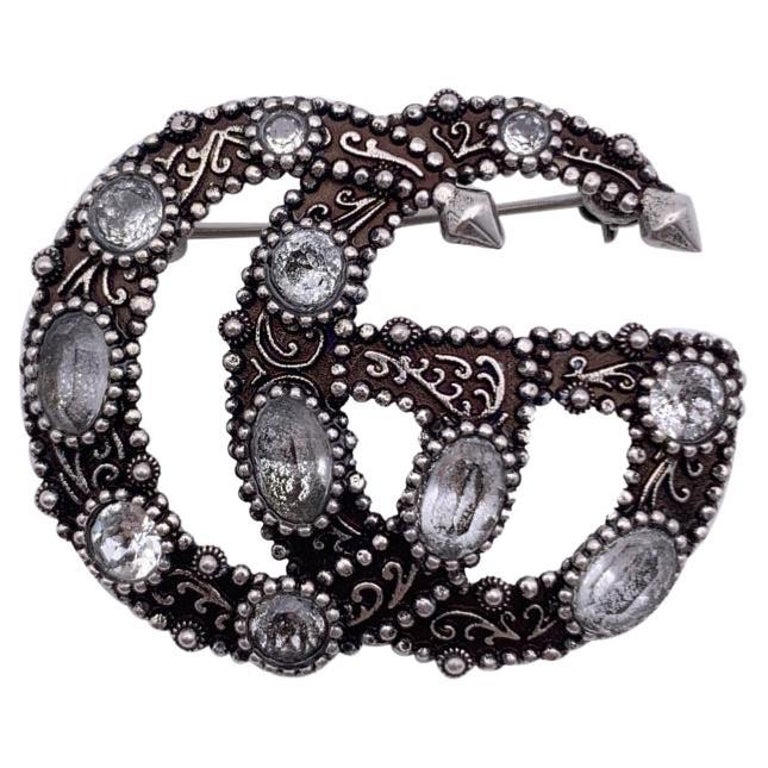 Gucci Silver Metal GG Marmont Brooch Pin with Crystals For Sale at 1stDibs