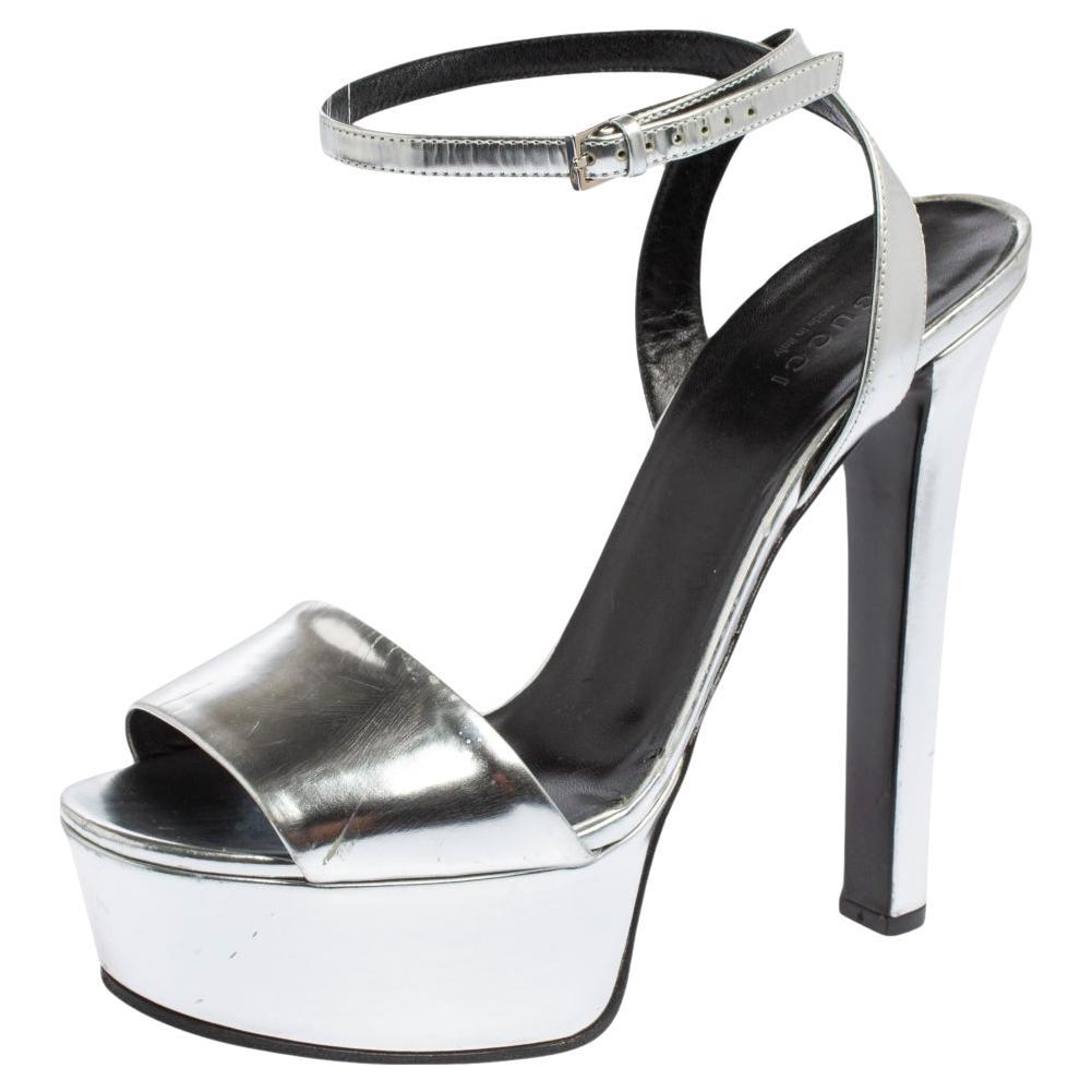 Prada Metallic Silver Leather Platform Block Heel Ankle Strap Sandals Size 40 at 1stDibs | prada ...