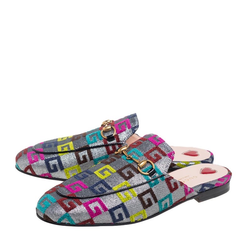 Gucci Silver/Pink Lurex Fabric Embroidered G Princetown Mule Flats Size ...