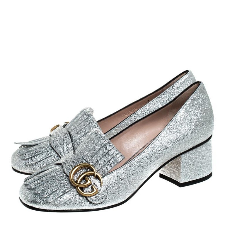 Gucci Silver Textured Leather GG Marmont Block Heel Pumps Size 38 For ...