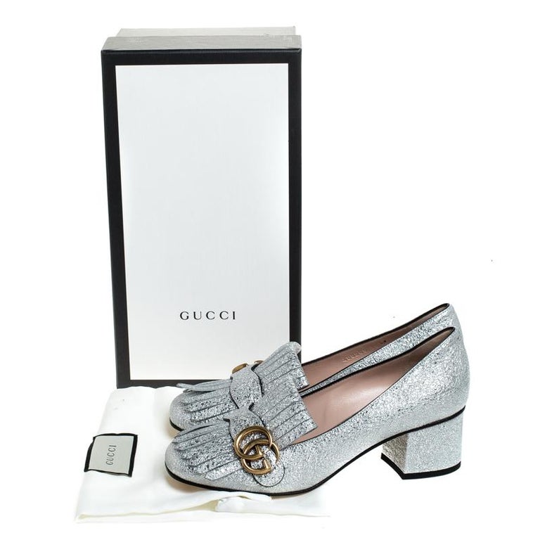 Gucci Silver Textured Leather GG Marmont Block Heel Pumps Size 38 For ...