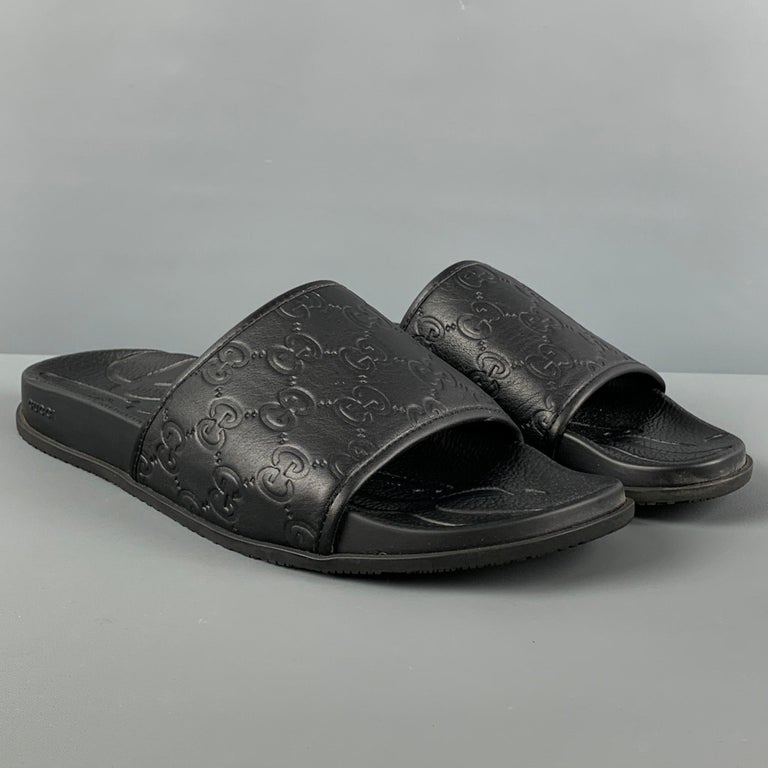 GUCCI Size 12 Black Monogram Leather Slide Sandals For Sale at 1stDibs