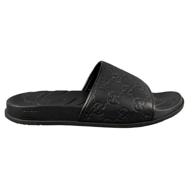 GUCCI Size 12 Black Monogram Leather Slide Sandals For Sale at 1stDibs