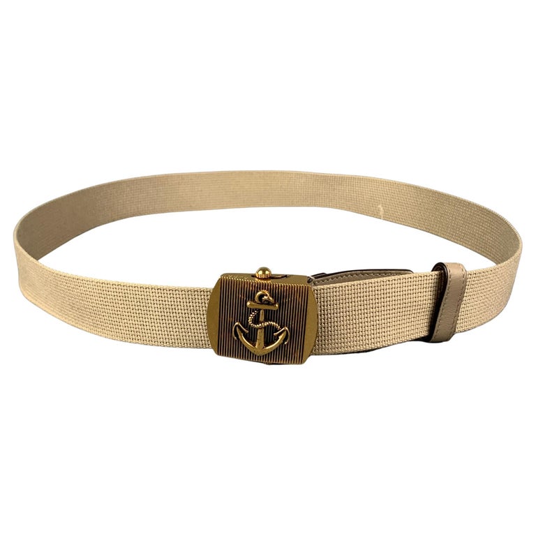 GUCCI Size 36 Beige Gold Anchors Fabric Leather Belt For Sale at 1stDibs