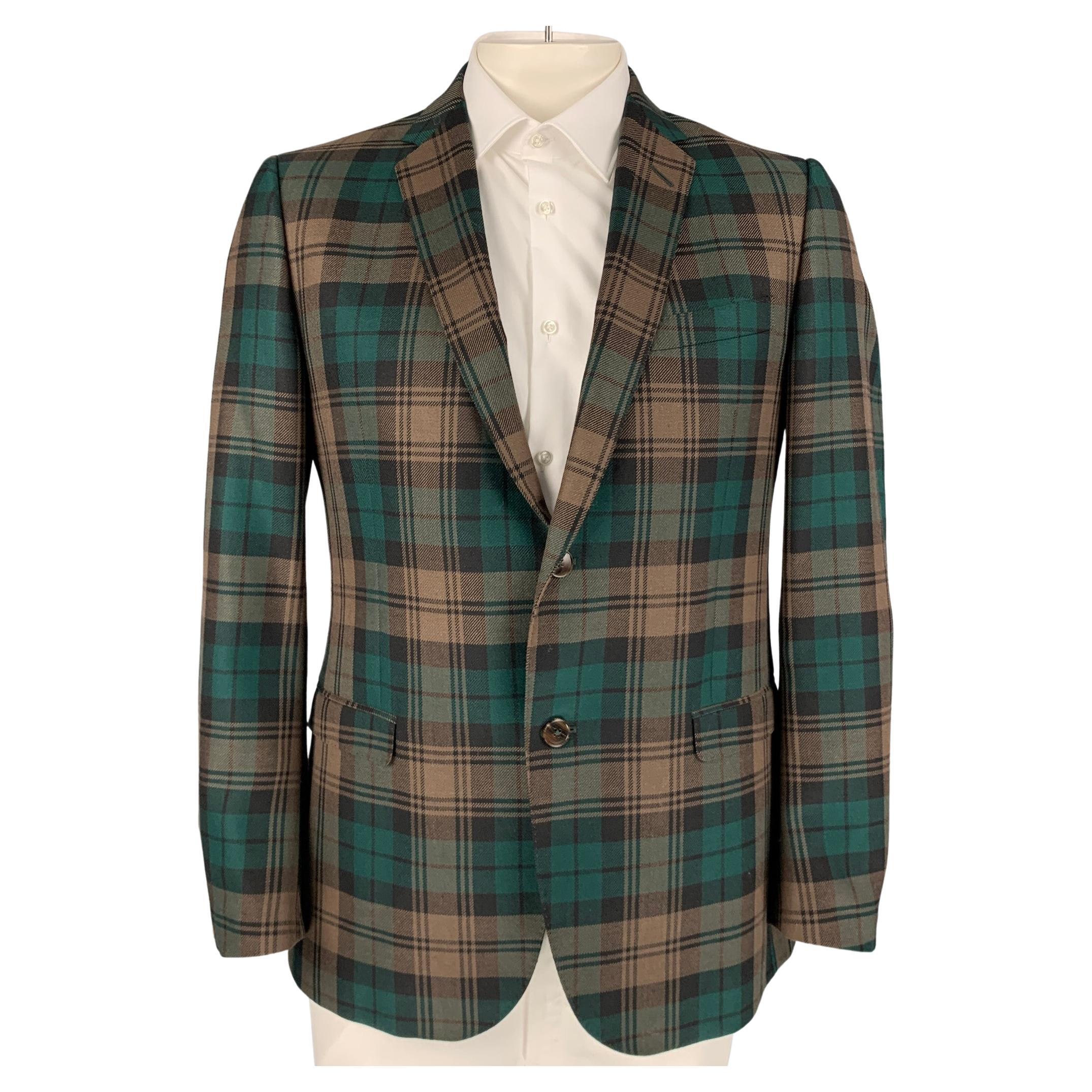 GUCCI Size 44 Taupe and Green Plaid Wool Single Breasted Sport Coat at ...