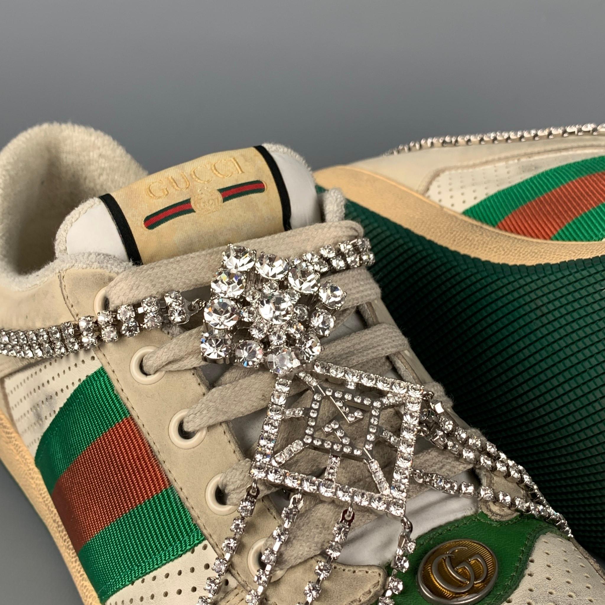 GUCCI Size 8.5 Off White Green Distressed Leather Crystal Screener ...