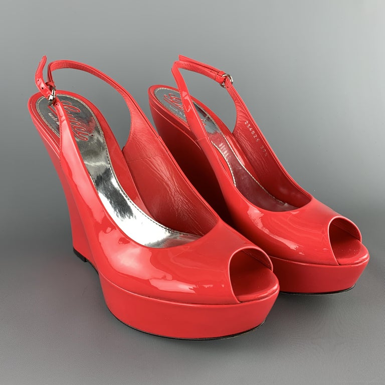 GUCCI Size 9.5 Coral Red Patent Leather Platform Peep Toe Slingback ...