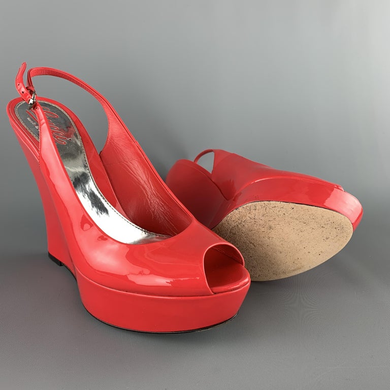 GUCCI Size 9.5 Coral Red Patent Leather Platform Peep Toe Slingback ...