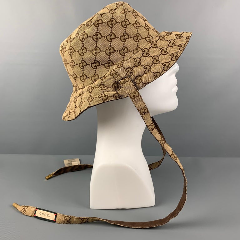 GUCCI Size XL Tan Brown Monogram Canvas Reversible Bucket Hat For Sale ...