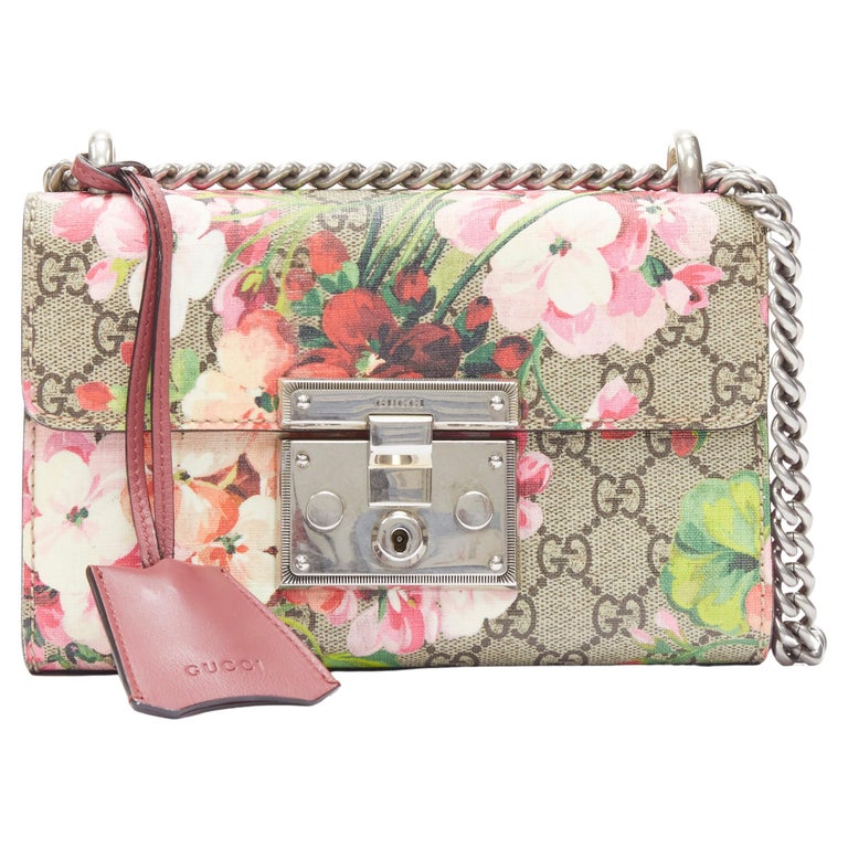 GUCCI Small GG Supreme Padlock Blooms floral monogram silver chain ...