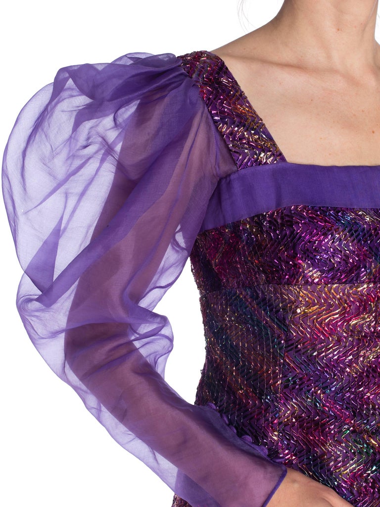 1970S Pink and Purple Silk Poof Sleeve Organza Metallic Foil ...