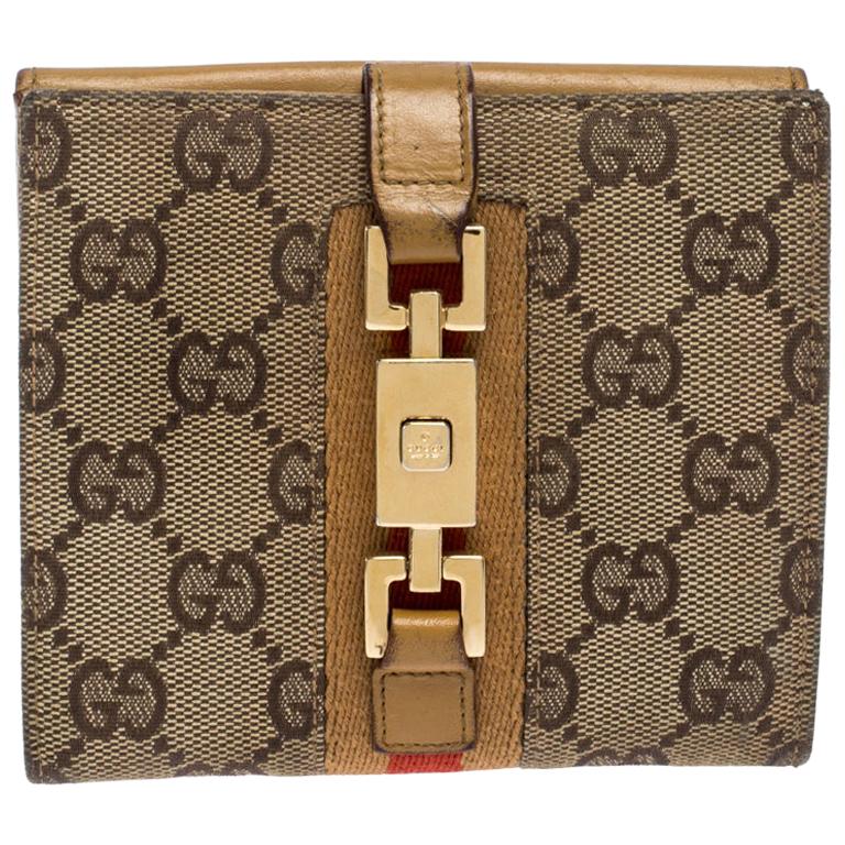 Gucci Tan/Beige GG Canvas and Leather Jackie Compact Wallet For Sale at ...