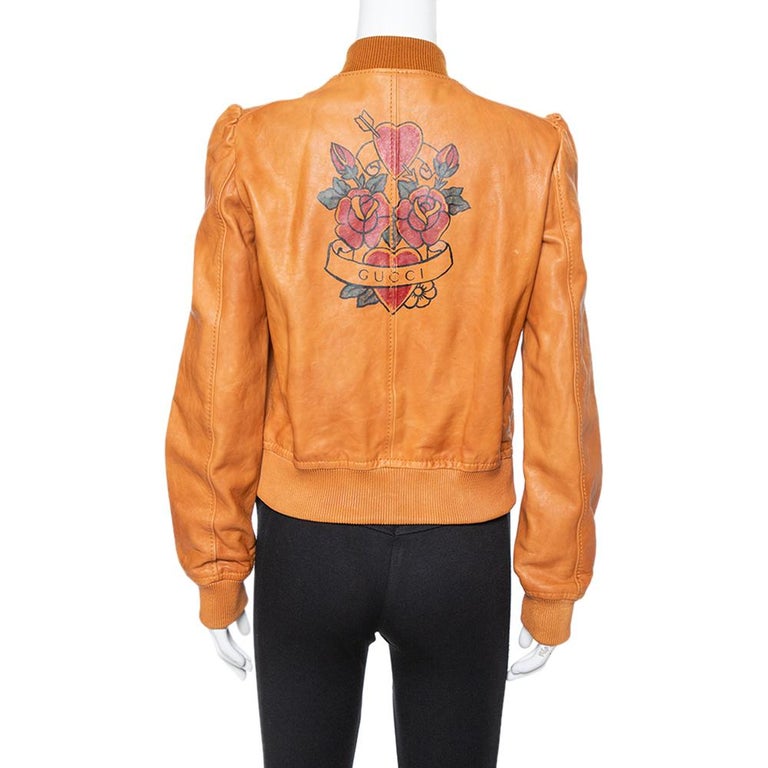 Gucci Tan Leather Floral Printed Cropped Bomber Jacket M at 1stDibs