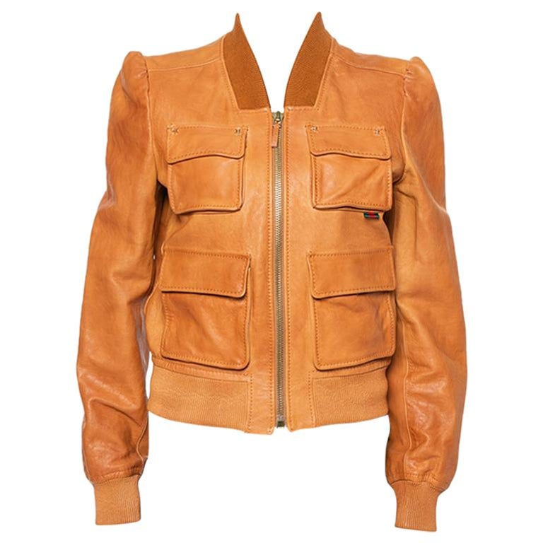 Gucci Tan Leather Floral Printed Cropped Bomber Jacket M at 1stDibs