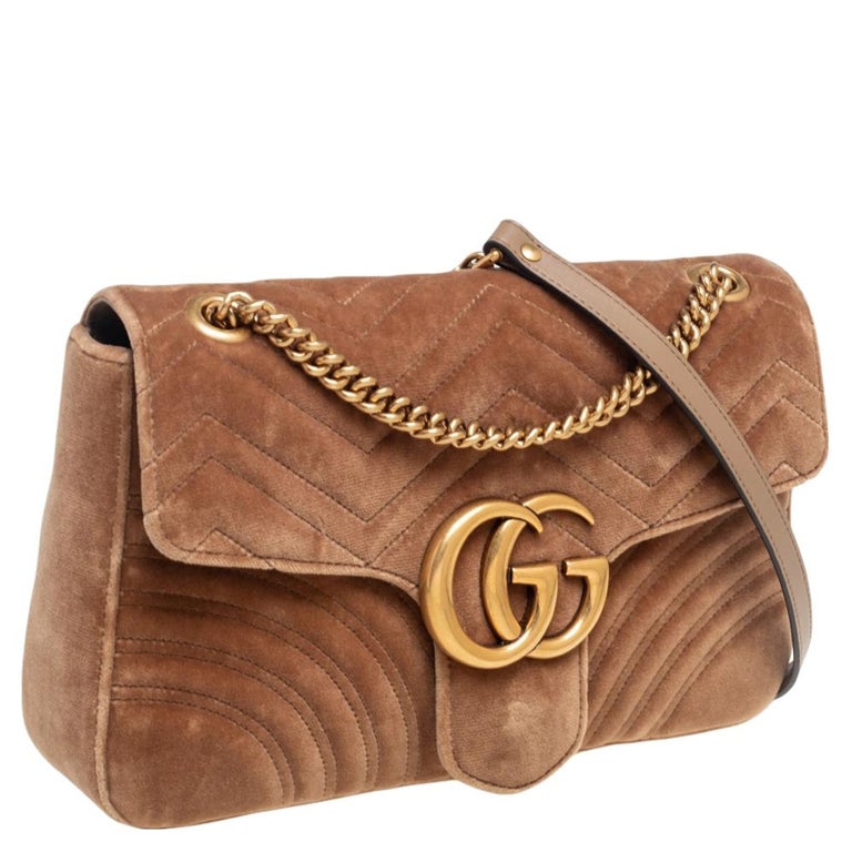 Gucci Tan Matelassé Velvet Medium GG Marmont Shoulder Bag at 1stDibs