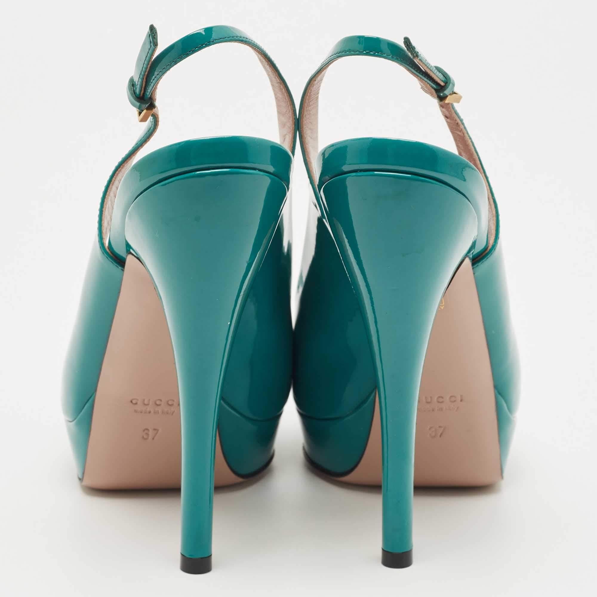 Gucci Teal Patent Leather Peep Toe Platform Slingback Pumps Size 37 For ...