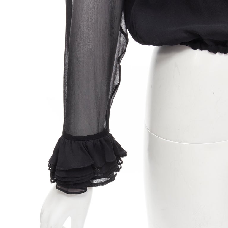 GUCCI TOM FORD 100% silk black ruffle trim plunge neck blouse IT38 XS ...