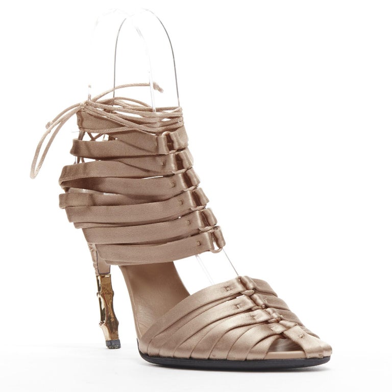 GUCCI Tom Ford vintage champagne strappy satin copper bamboo heel ...