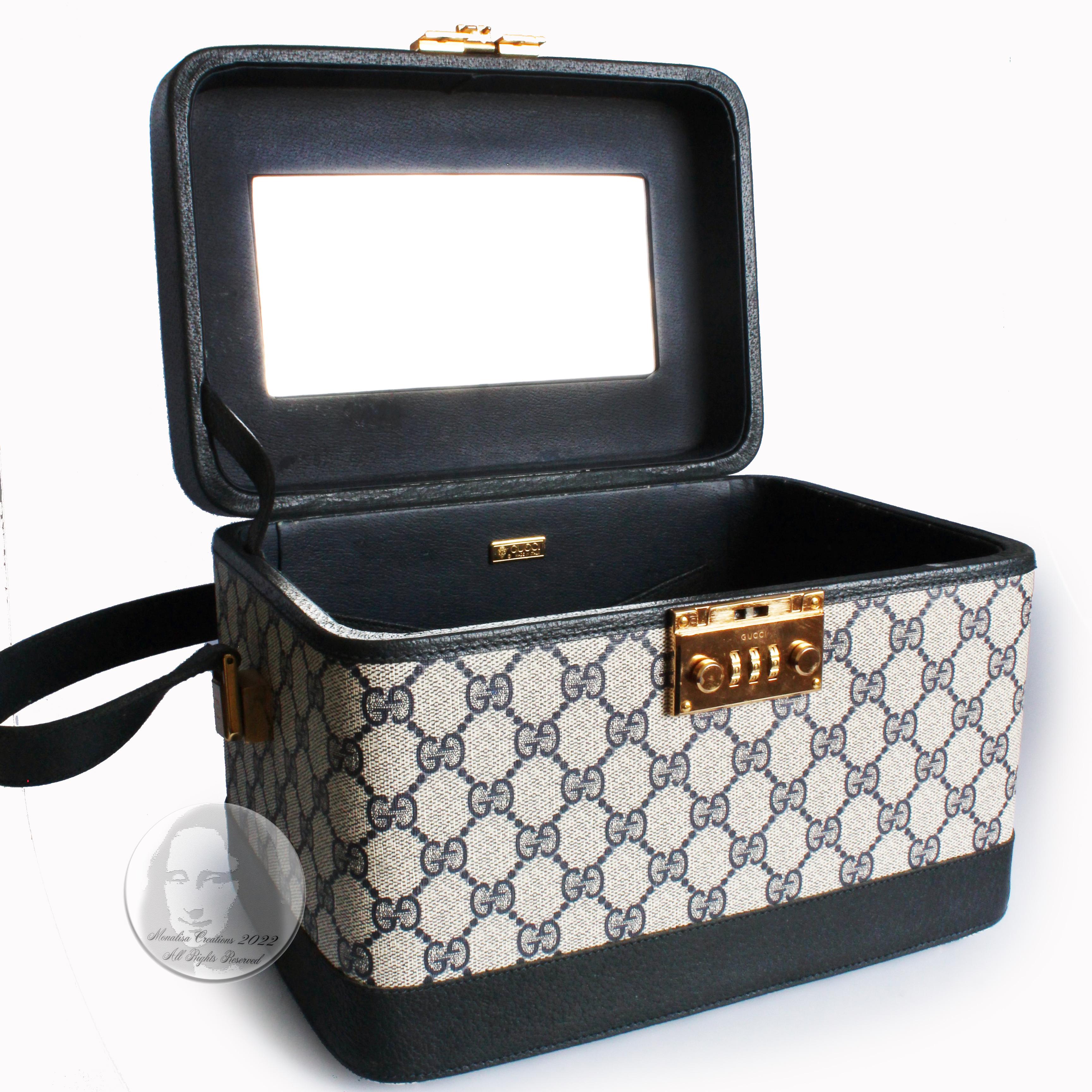 Gucci Train Case Vanity Carry On Travel Bag GG Logo Canvas Navy Leather ...