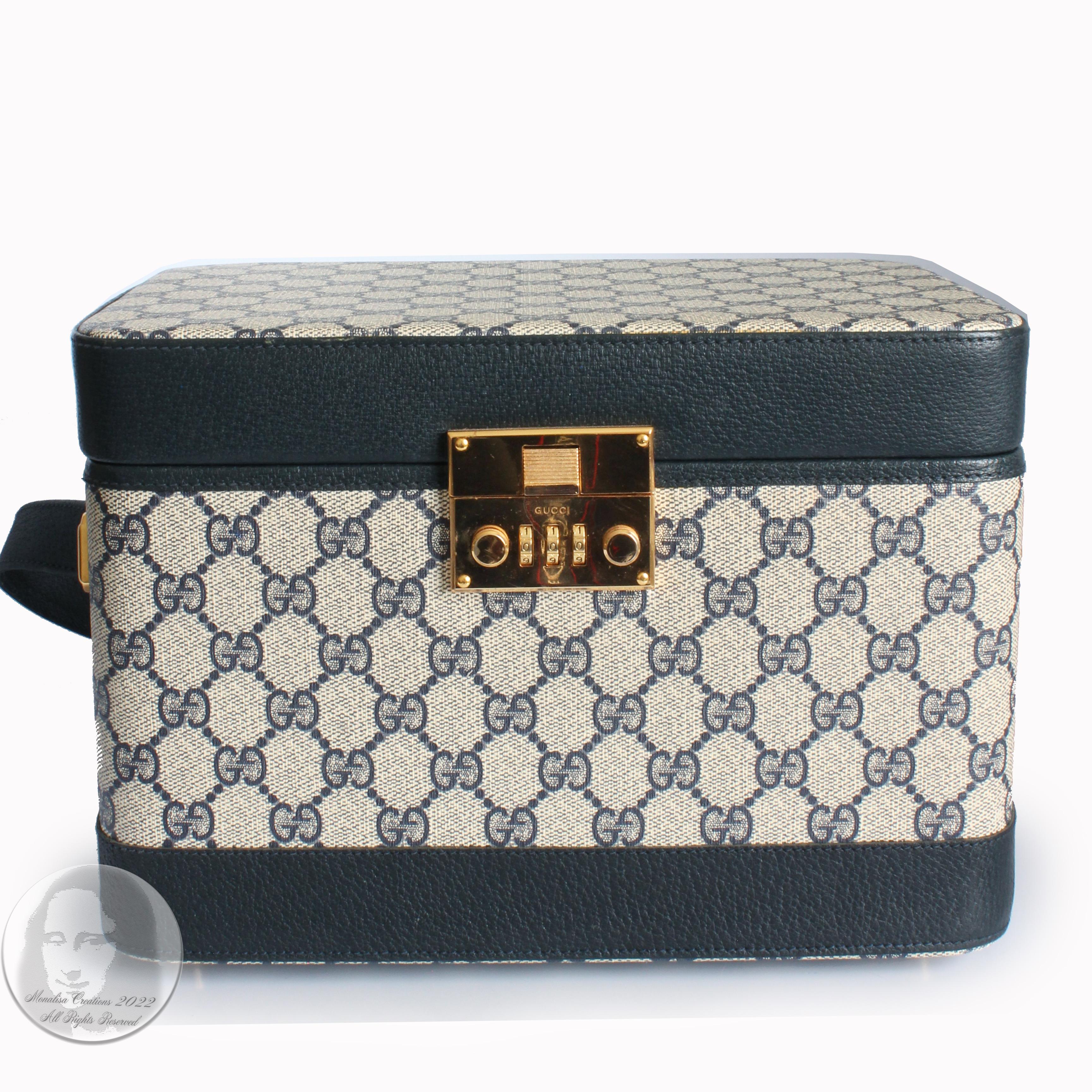 Gucci Train Case Vanity Carry On Travel Bag GG Logo Canvas Navy Leather ...