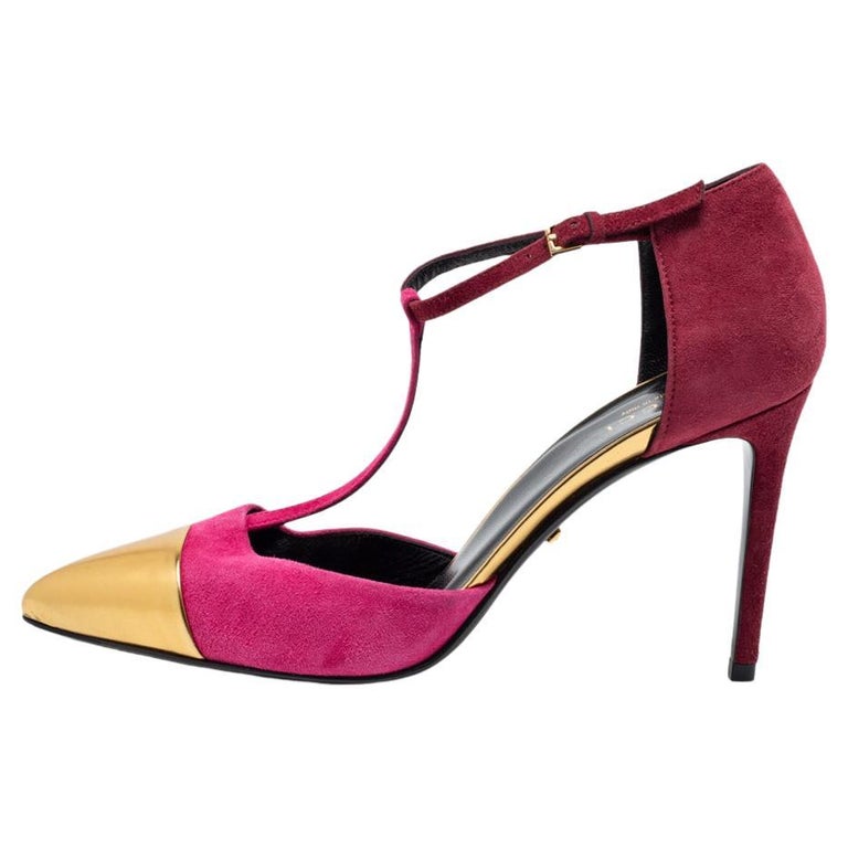Gucci Tri Color Suede and Leather Cap Toe Coline T-Strap Pumps Size 36. ...