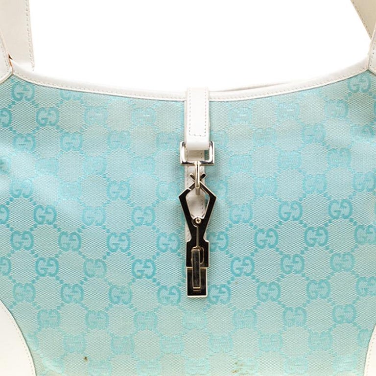Gucci Turquoise/White Canvas and Leather Jackie Hobo For Sale at 1stDibs