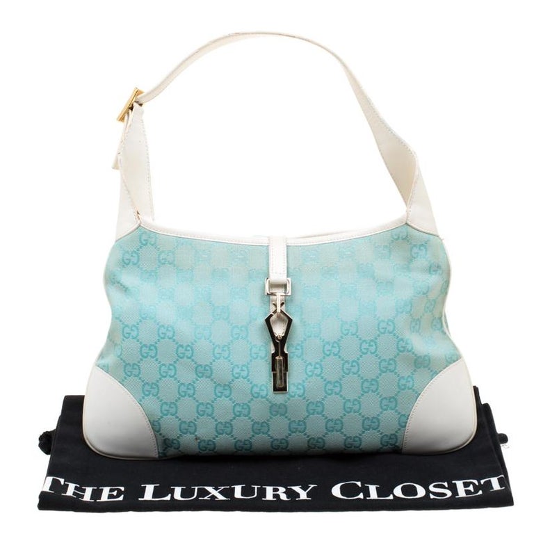 Gucci Turquoise/White Canvas and Leather Jackie Hobo For Sale at 1stDibs