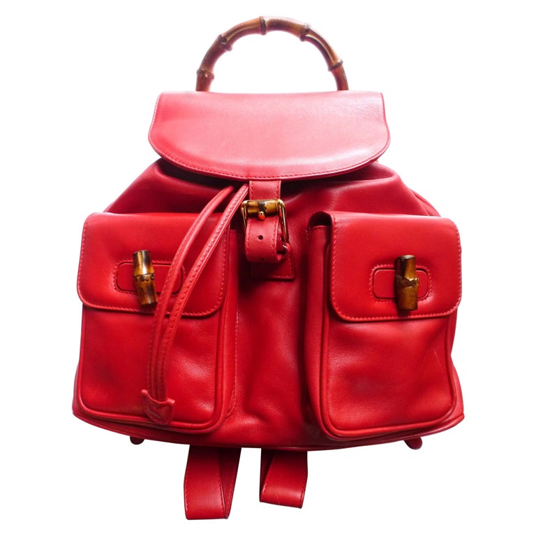 GUCCI two pocket backpack iconic bamboo red leather at 1stDibs