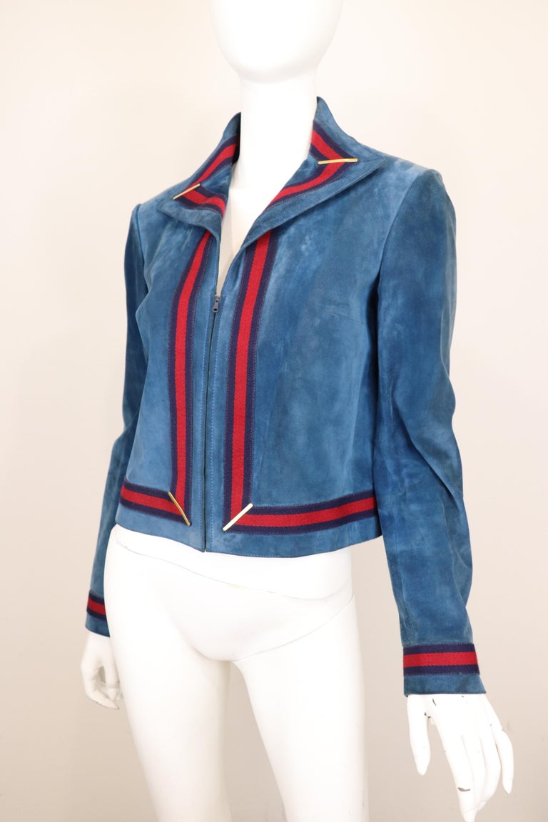 Gucci Vintage 1970's Blue Suede Jacket Red and Blue Web Trim at 1stDibs