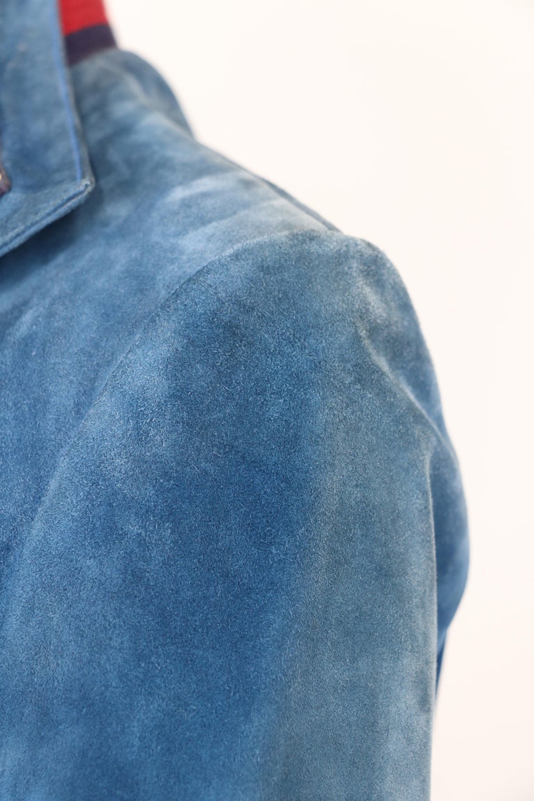 Gucci Vintage 1970's Blue Suede Jacket Red and Blue Web Trim at 1stDibs