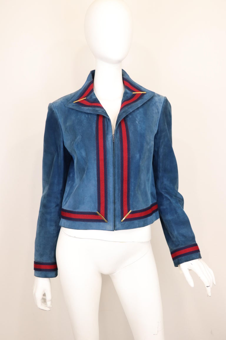 Gucci Vintage 1970's Blue Suede Jacket Red and Blue Web Trim at 1stDibs