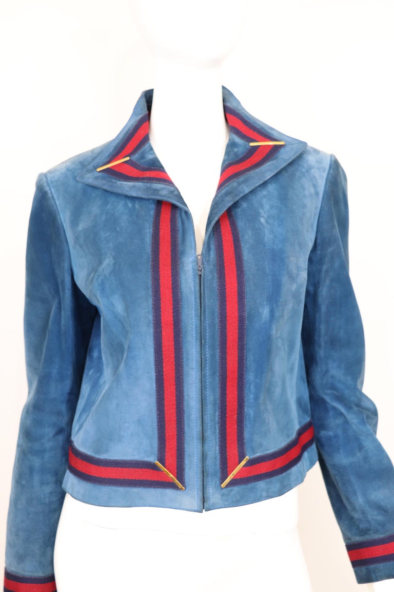 Gucci Vintage 1970's Blue Suede Jacket Red and Blue Web Trim at 1stDibs