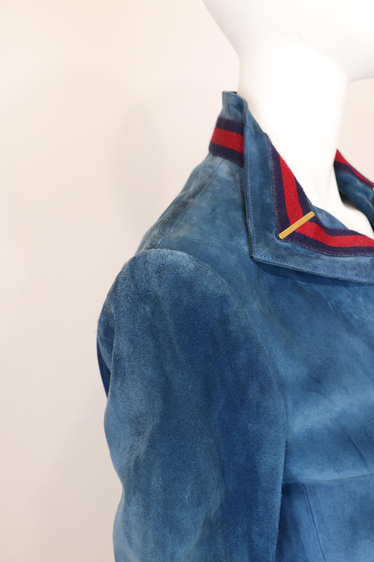 Gucci Vintage 1970's Blue Suede Jacket Red and Blue Web Trim at 1stDibs