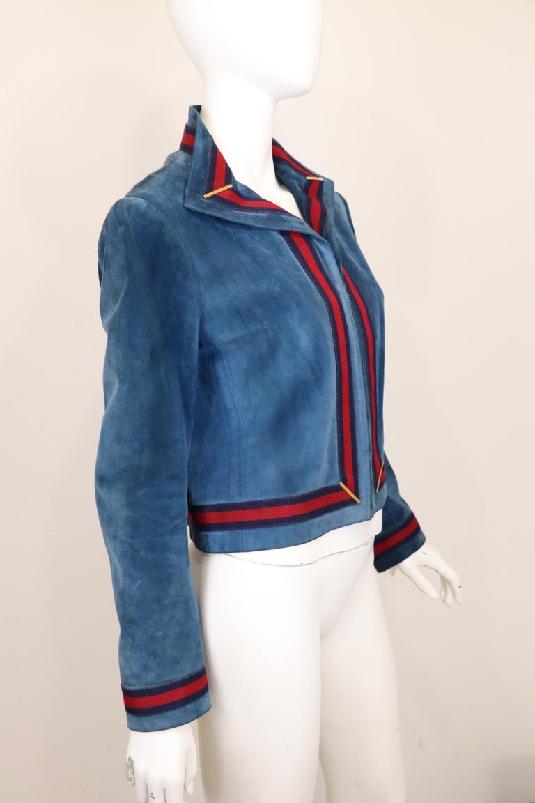Gucci Vintage 1970's Blue Suede Jacket Red and Blue Web Trim at 1stDibs