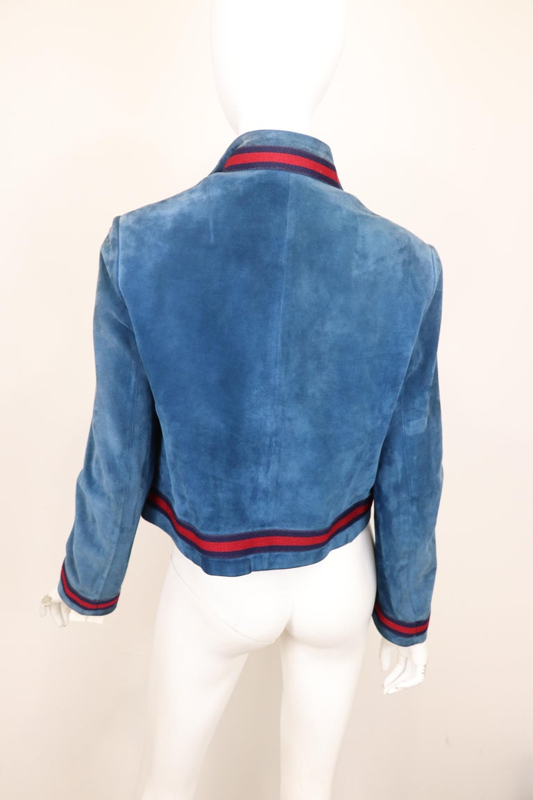 Gucci Vintage 1970's Blue Suede Jacket Red and Blue Web Trim at 1stDibs